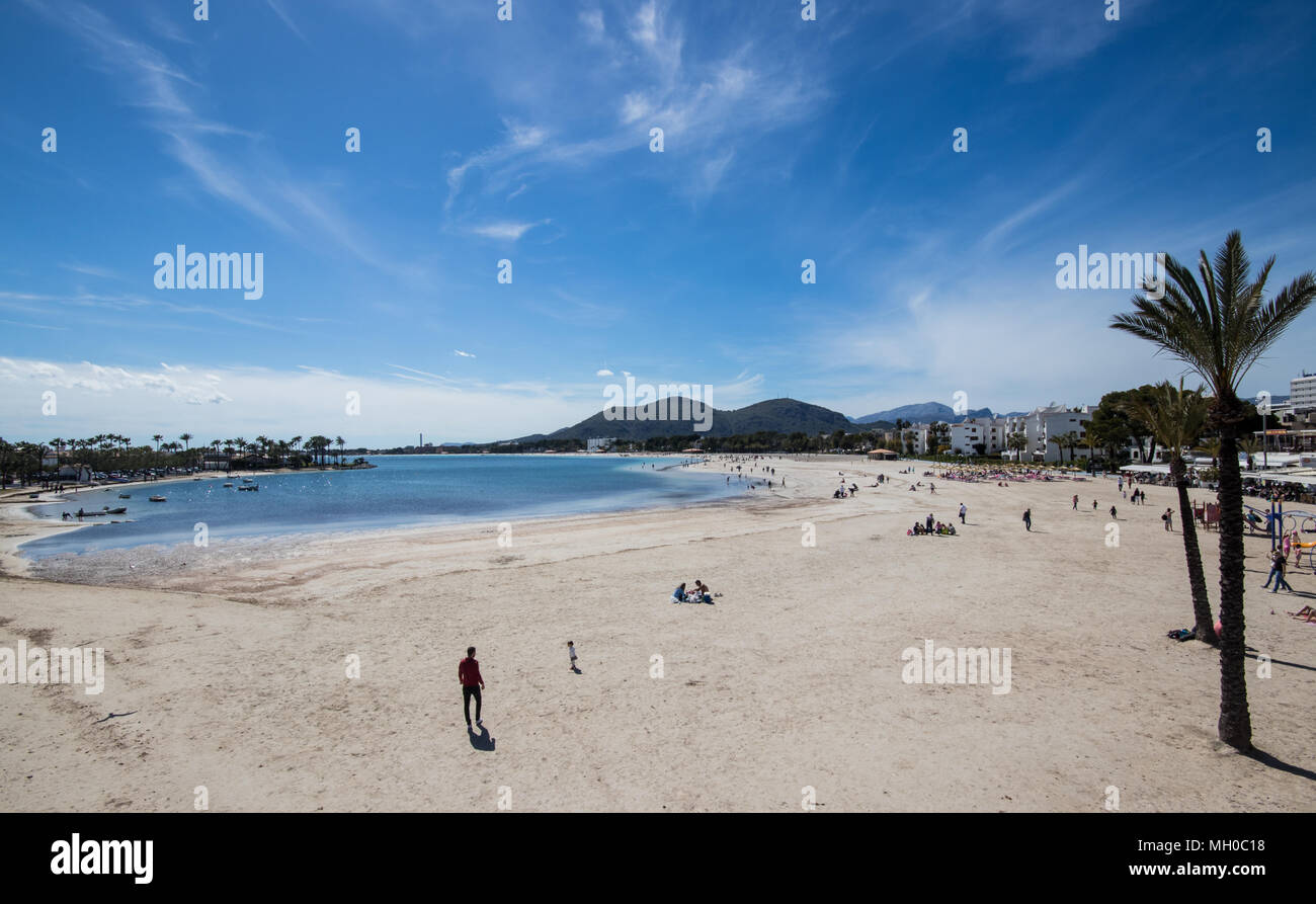 View of the sandy beach at the Bay of Alcudia, Port Alcudia, Majorca ...