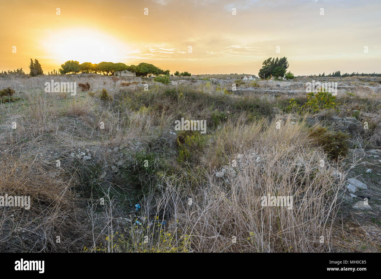 Sunset over the excavated ruins of the ancient city of the bronze age ...