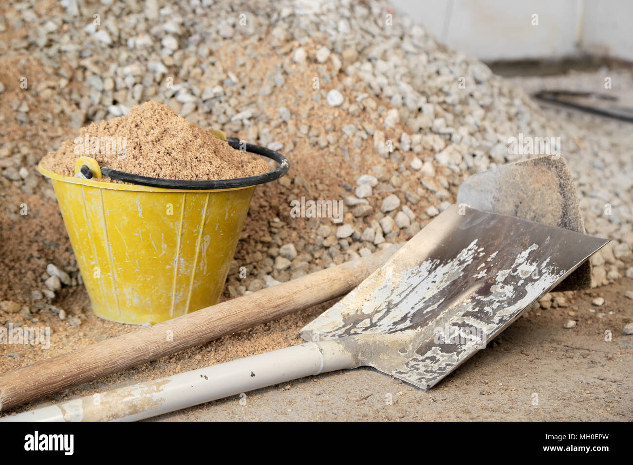 Building material such as sand, pebble, shovel, bucket, hoe, cement and ...