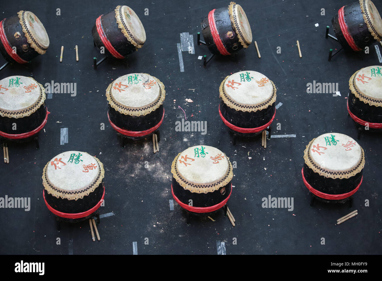 Rows of chinese lion dance drums on the show floor of VIVA HOME ...