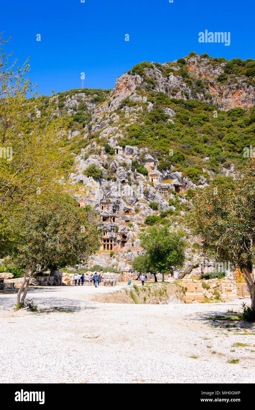 Ancient rock cut tombs of the Lycian necropolis, Myra, Turkey Stock ...