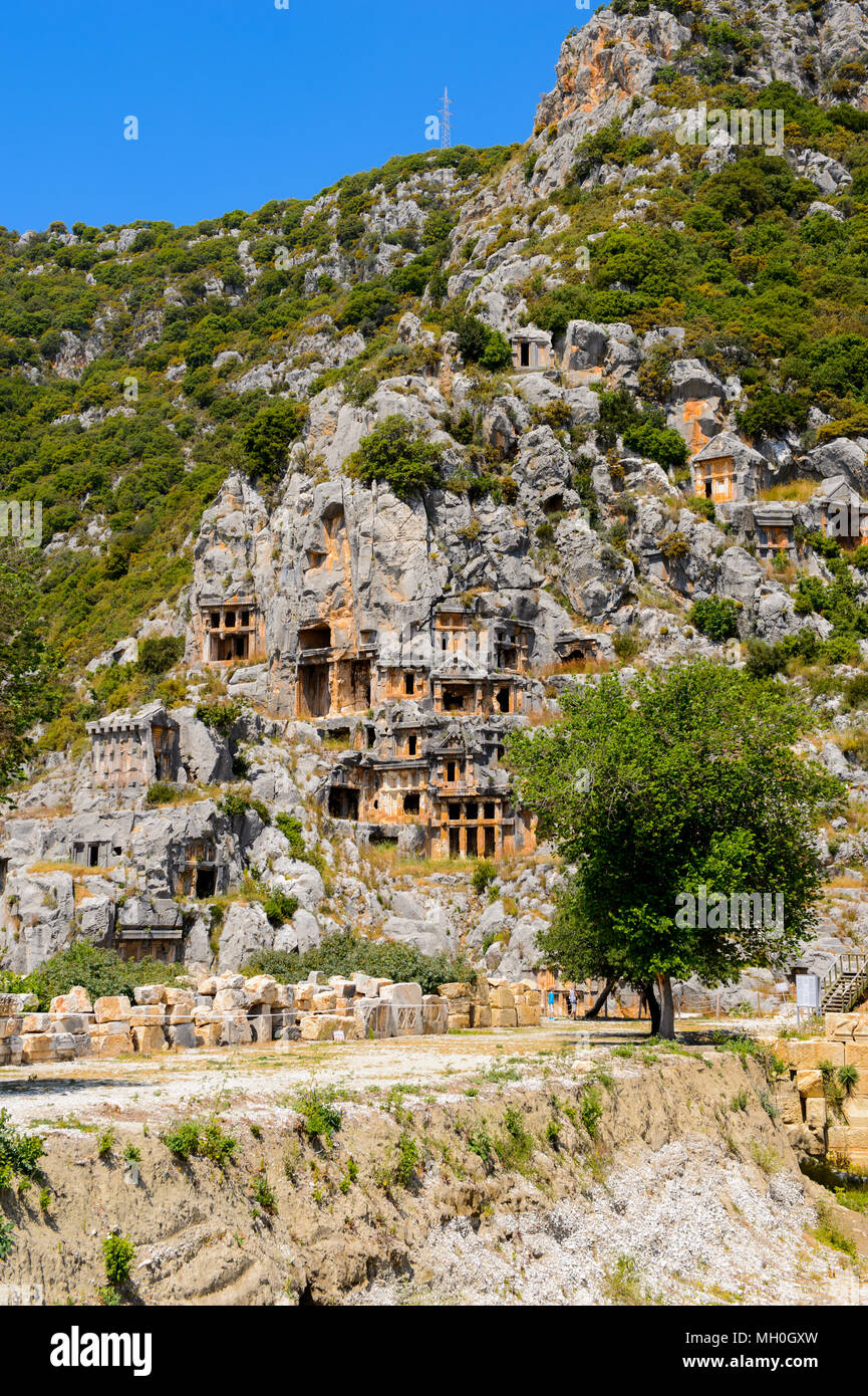 Ancient rock cut tombs of the Lycian necropolis, Myra, Turkey Stock ...