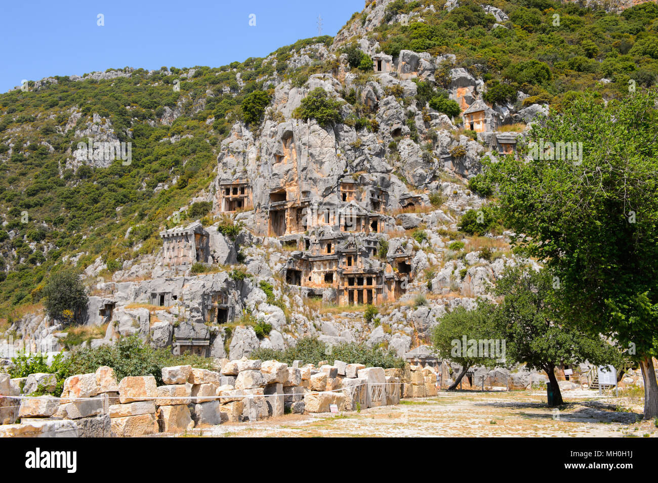 Ancient rock cut tombs of the Lycian necropolis, Myra, Turkey Stock ...
