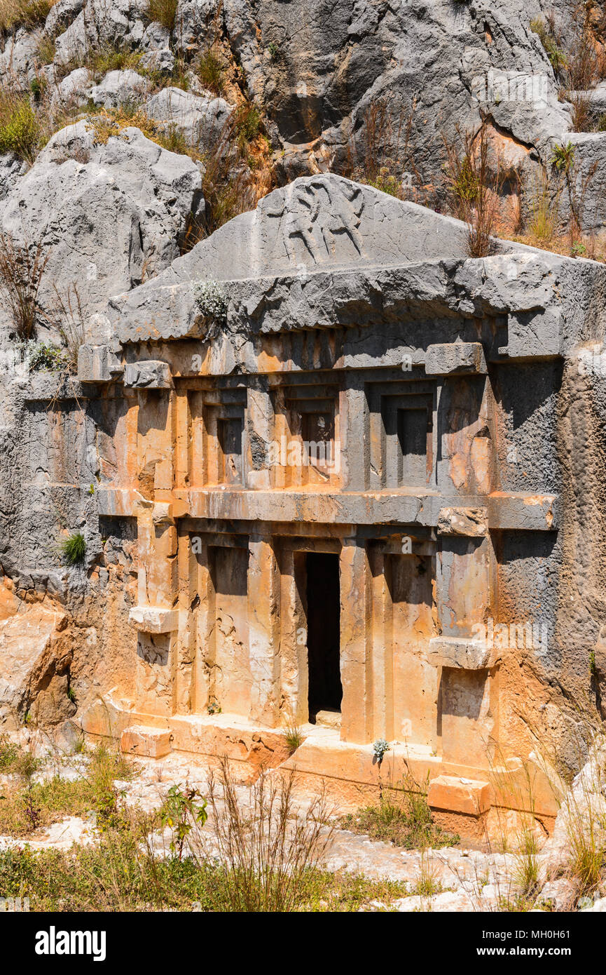 Ancient rock cut tombs of the Lycian necropolis, Myra, Turkey Stock ...