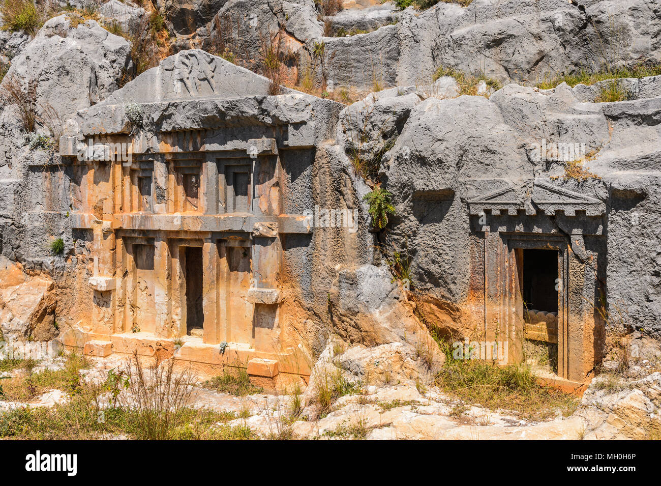 Ancient rock cut tombs of the Lycian necropolis, Myra, Turkey Stock ...