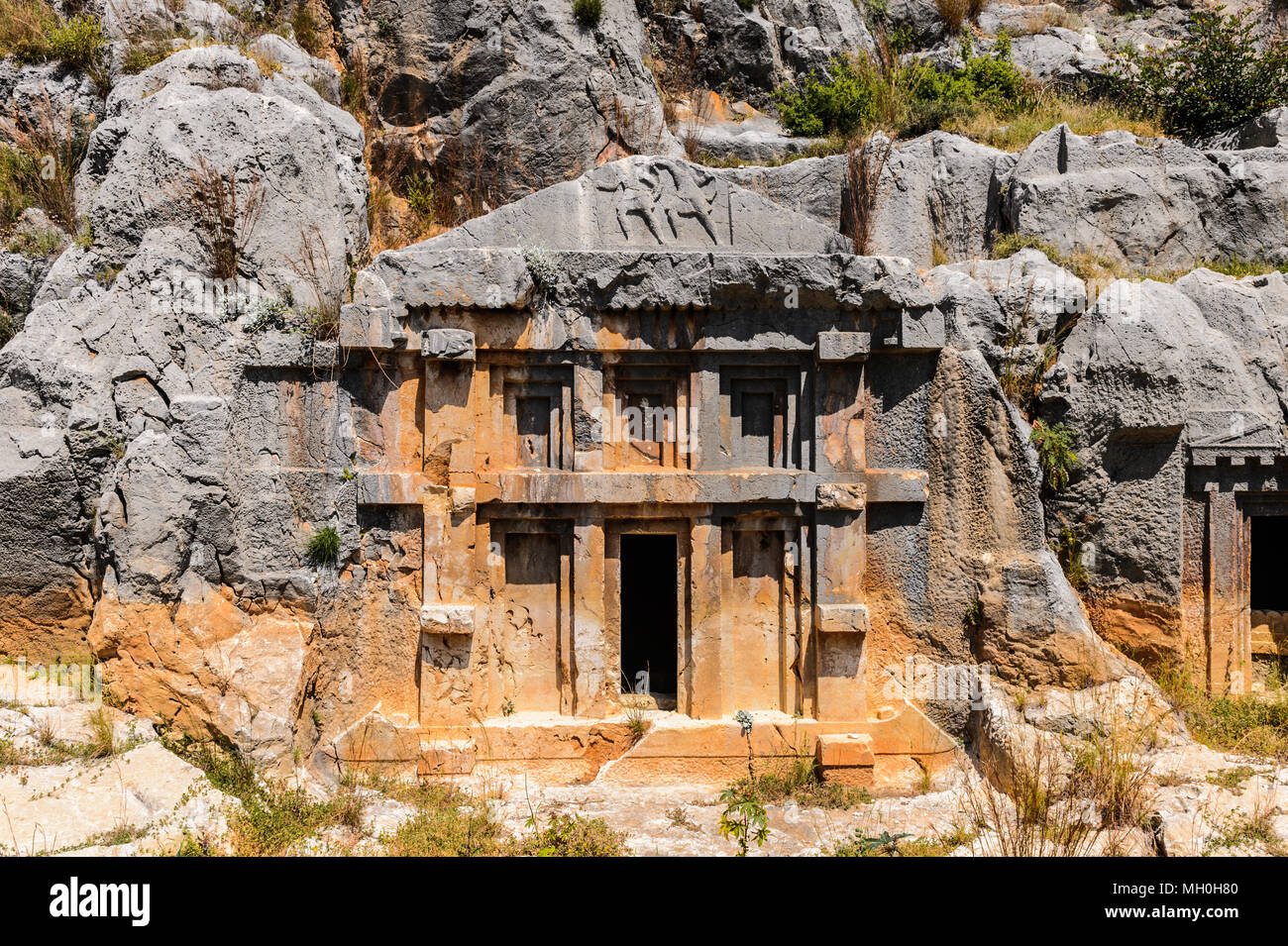 Ancient rock cut tombs of the Lycian necropolis, Myra, Turkey Stock ...