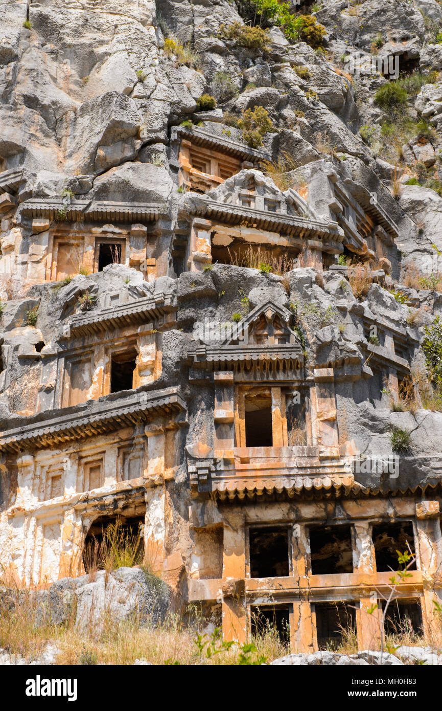 Ancient rock cut tombs of the Lycian necropolis, Myra, Turkey Stock ...