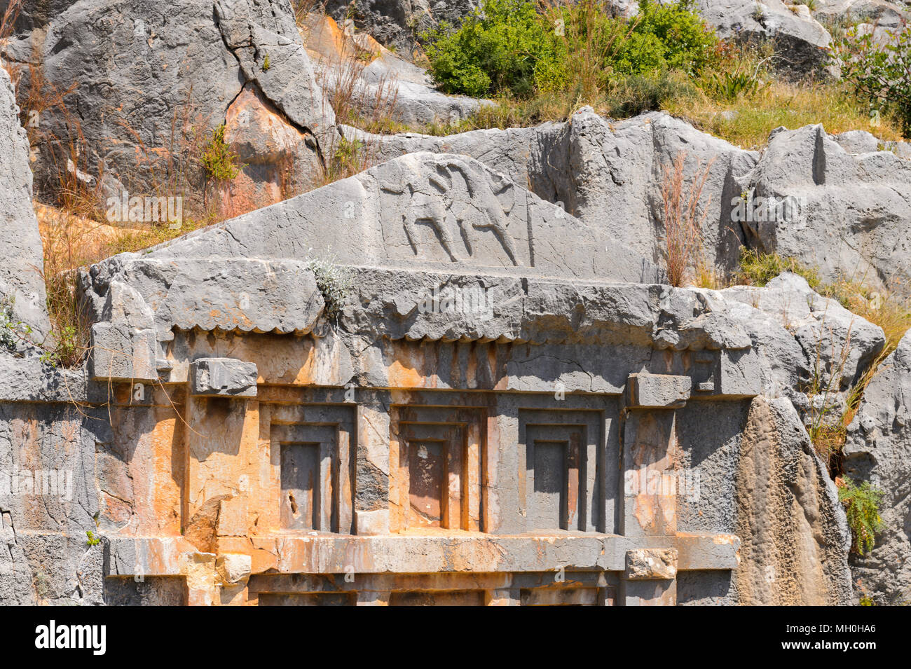 Ancient rock cut tombs of the Lycian necropolis, Myra, Turkey Stock ...
