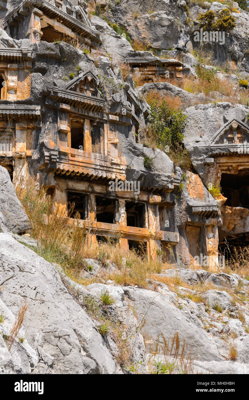 Ancient rock cut tombs of the Lycian necropolis, Myra, Turkey Stock ...