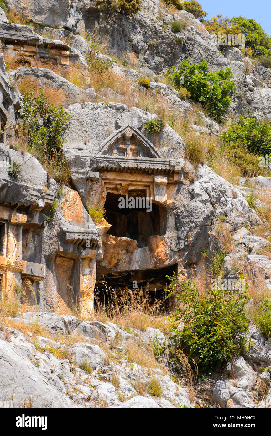 Ancient rock cut tombs of the Lycian necropolis, Myra, Turkey Stock ...