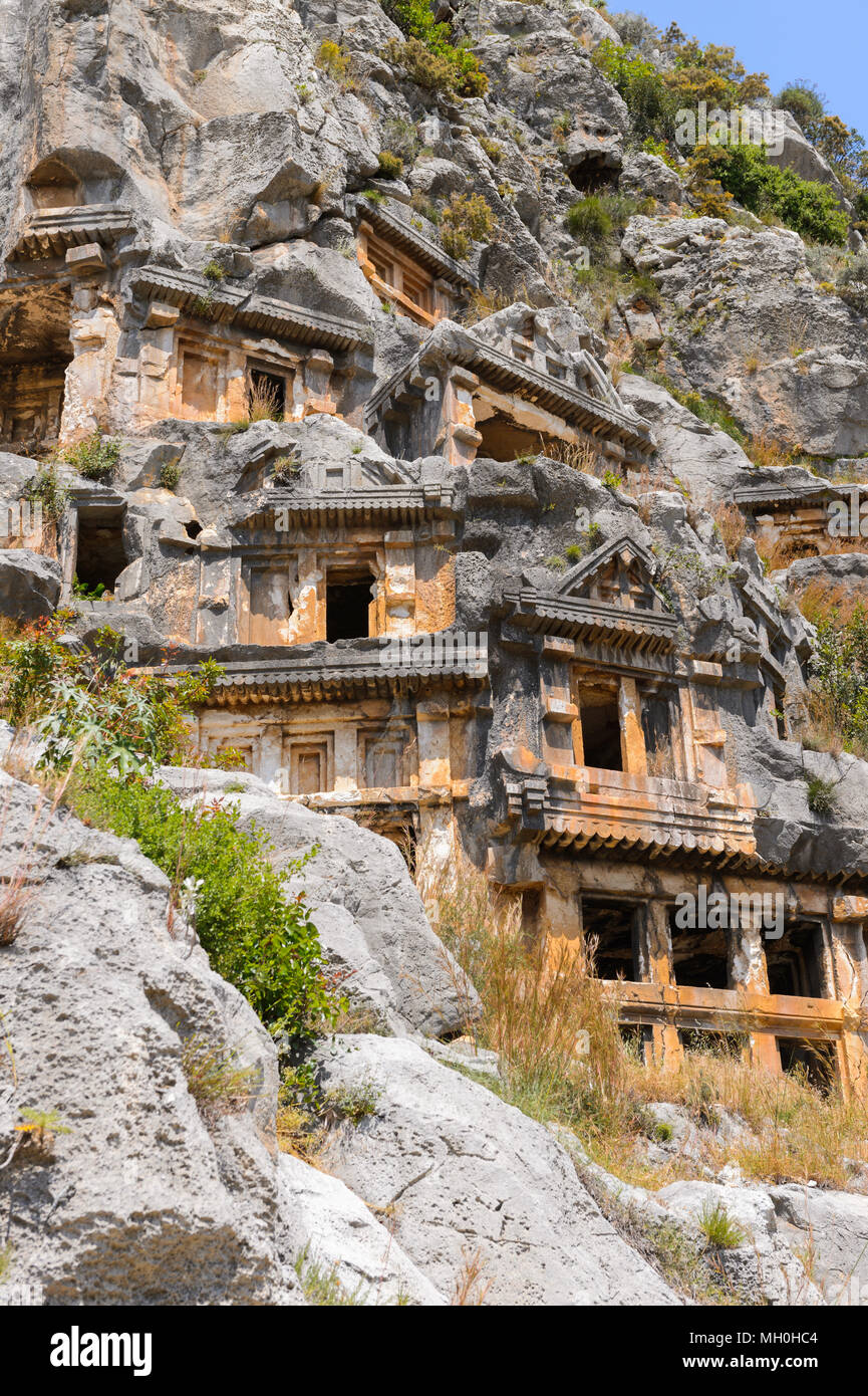 Ancient rock cut tombs of the Lycian necropolis, Myra, Turkey Stock ...