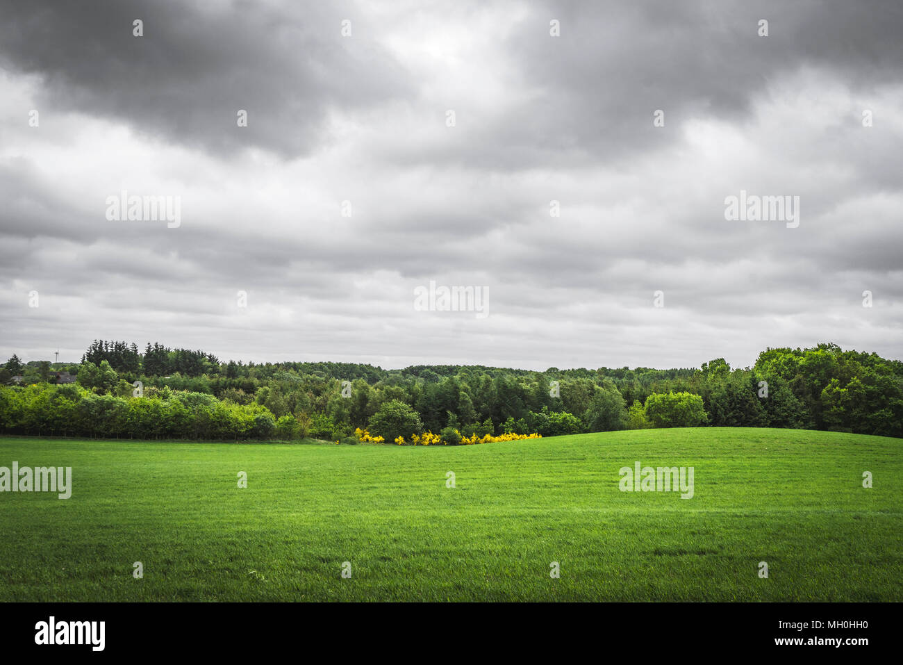 Cloudy weather over a rural green field in the country on a rainy day ...