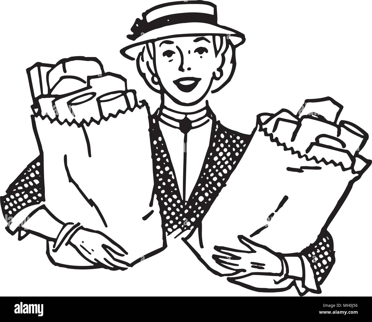 Woman With Groceries Retro Clipart Illustration Stock Vector Image
