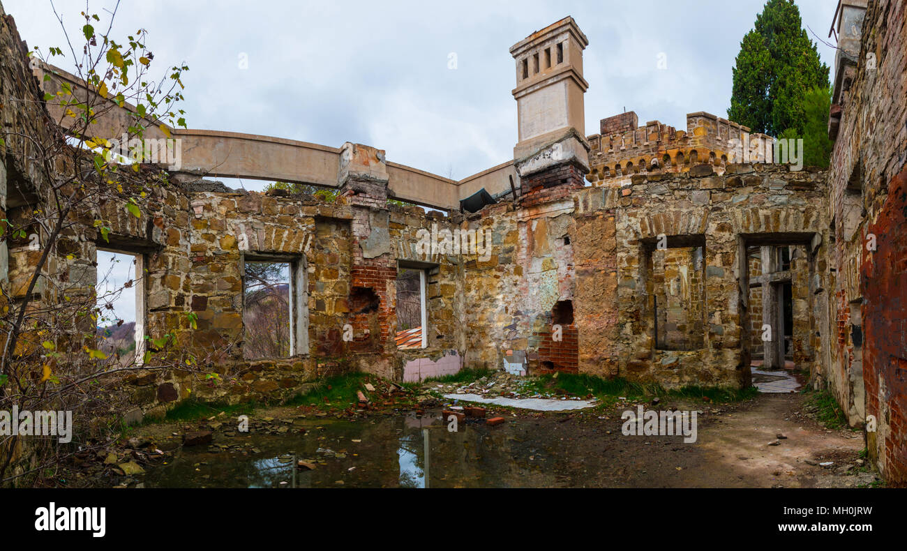 Panoramic view of the room of abandoned old mansion called Dacha Kvitko ...