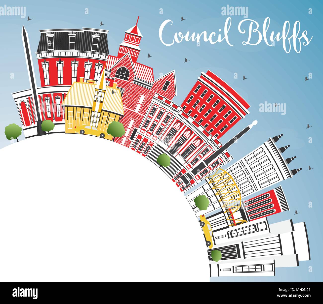 Council Bluffs Iowa Skyline with Color Buildings, Blue Sky and Copy ...