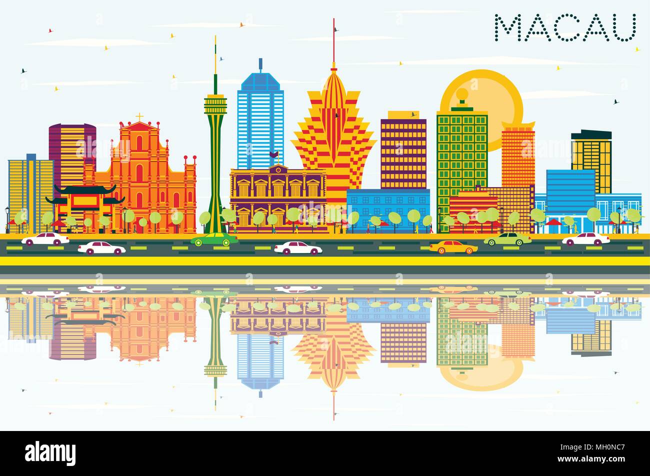 Macau China City Skyline with Color Buildings, Blue Sky and Reflections ...
