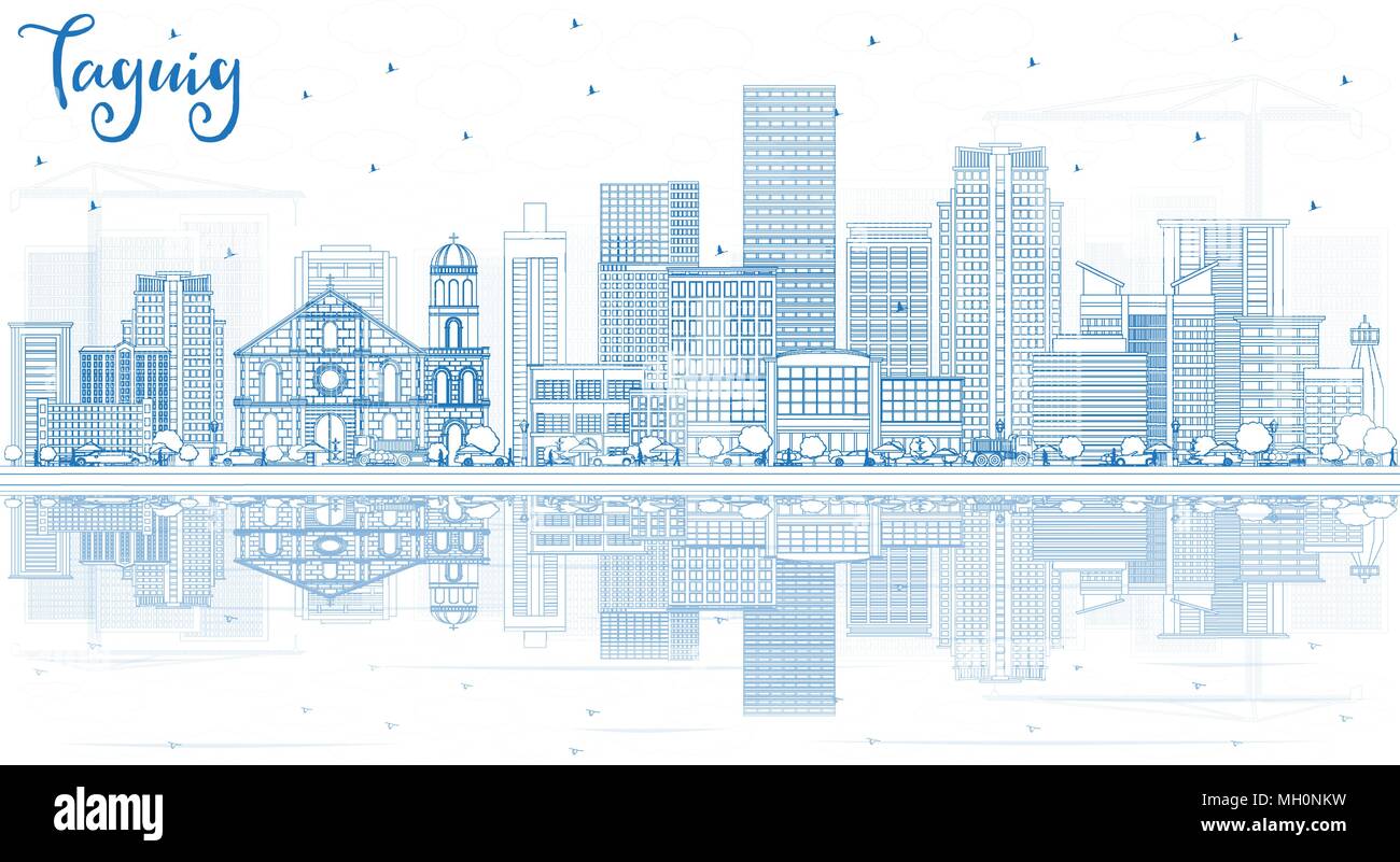 Outline Taguig Philippines Skyline with Blue Buildings and Reflections ...