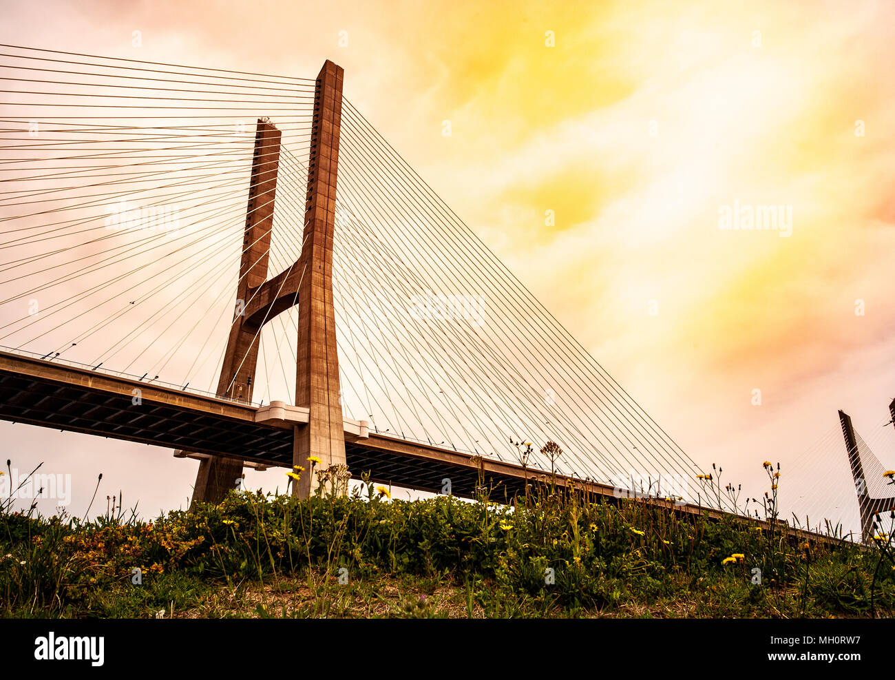 The Vasco da Gama Bridge in Lisbon, Portugal in a summer day. spring ...