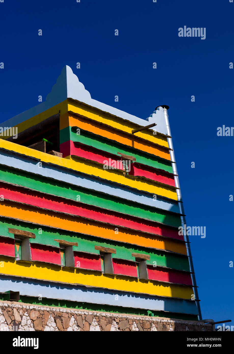 Bin hamsan house with its bright colours, Asir province, Khamis Mushayt ...