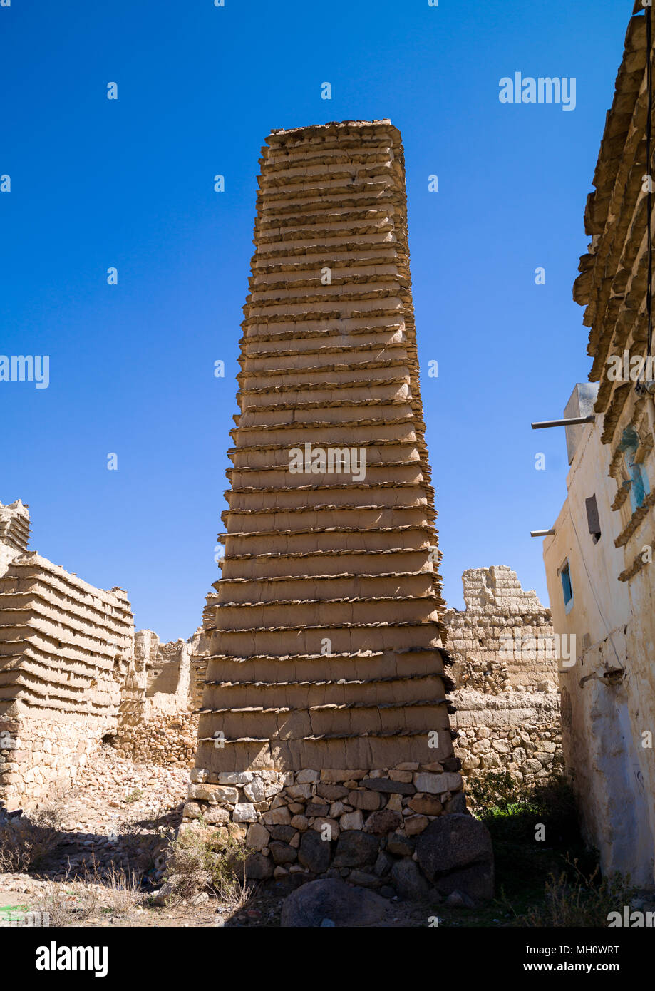 Traditional clay and silt watchtower used as a granary, Asir Province ...