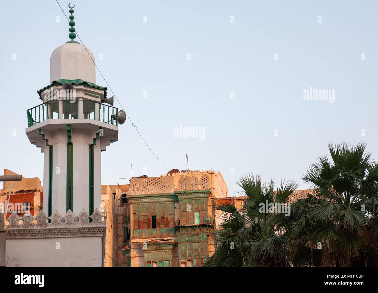 Mosque minaret in the old quarter, Hijaz Tihamah region, Jeddah, Saudi ...