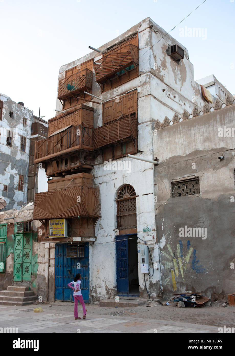 Houses with wooden mashrabia and rowshan in the old quarter, Hijaz ...