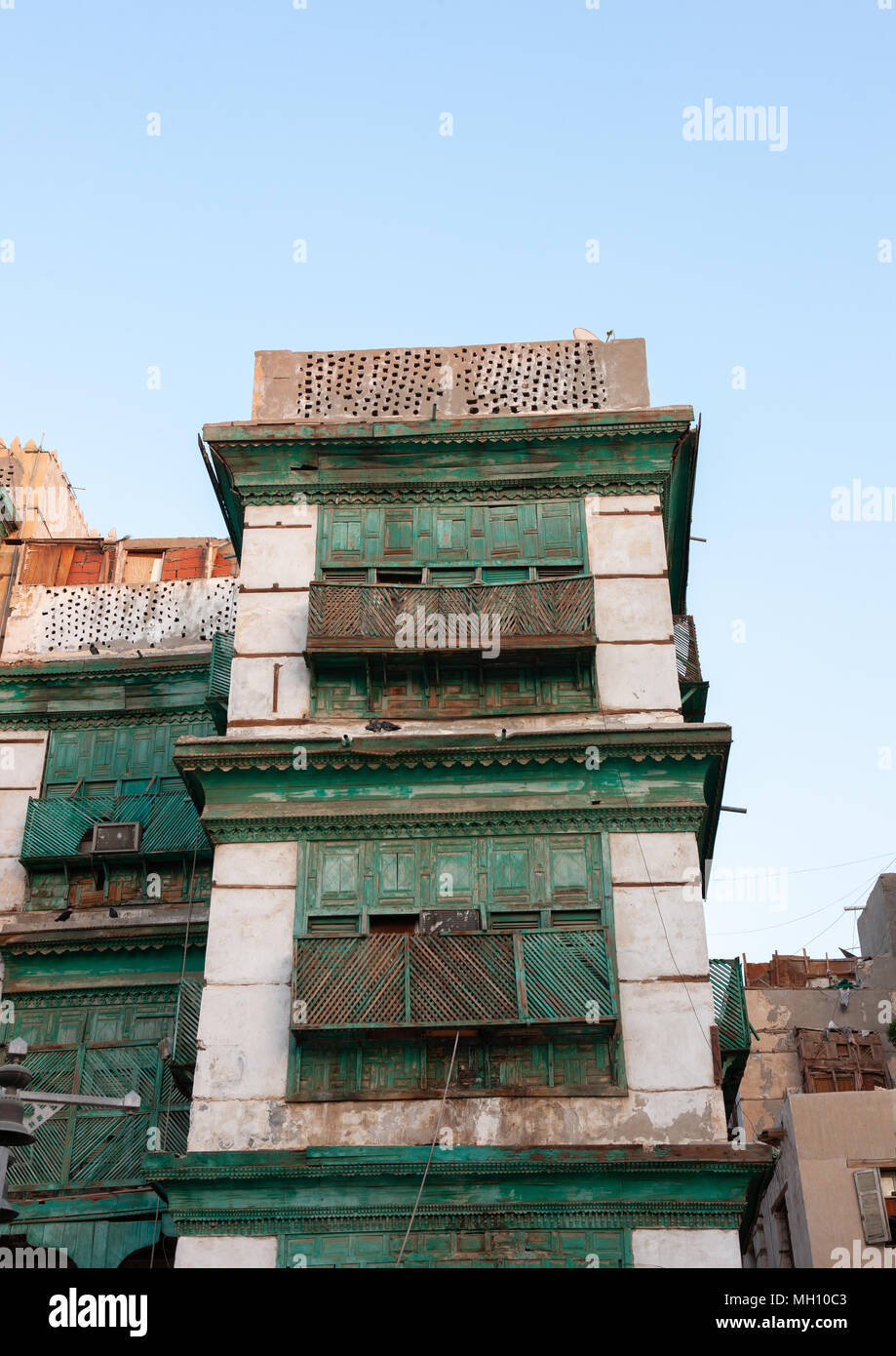 Houses with wooden mashrabia and rowshan in the old quarter, Hijaz ...