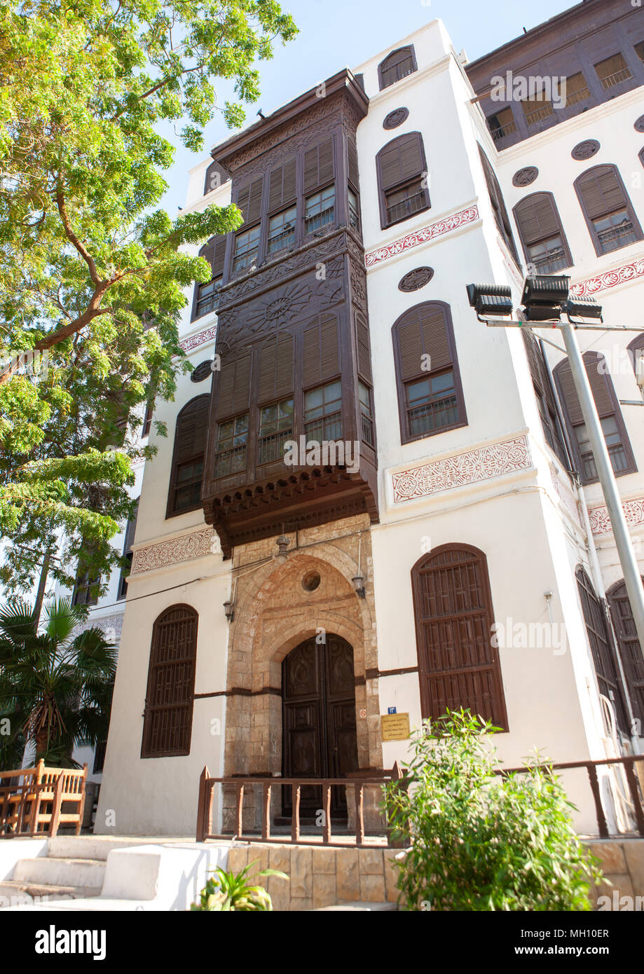 Houses with wooden mashrabia and rowshan in the old quarter, Hijaz ...