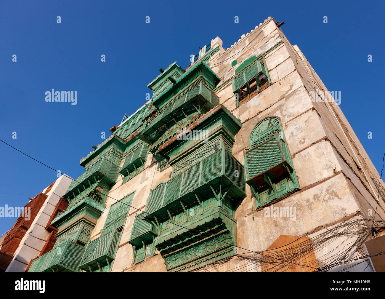 Houses with wooden mashrabia and rowshan in the old quarter, Hijaz ...