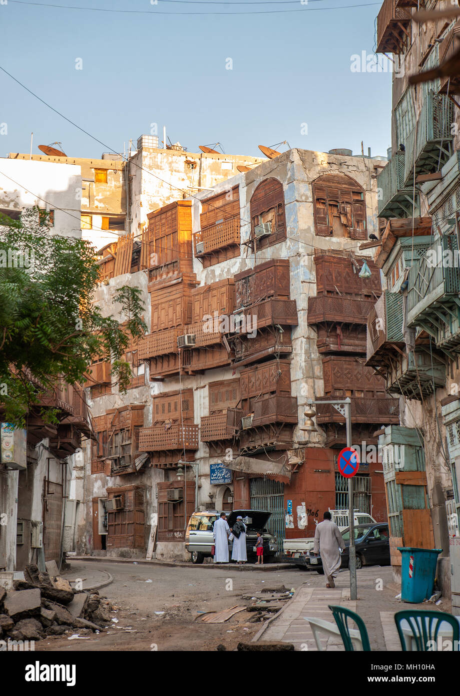 Houses with wooden mashrabia and rowshan in the old quarter, Hijaz ...