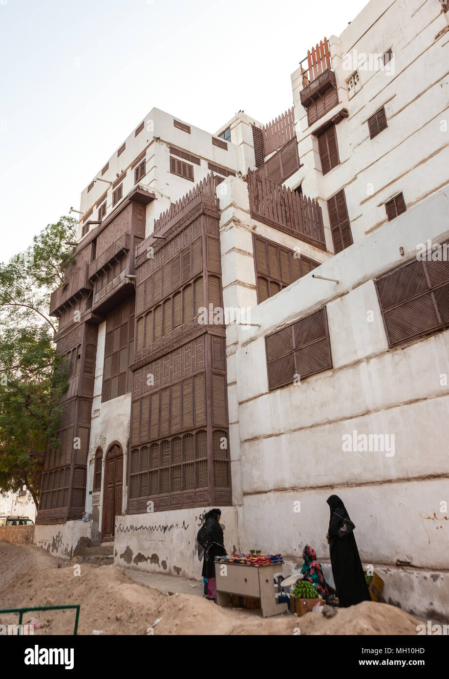 Houses with wooden mashrabia and rowshan in the old quarter, Hijaz ...