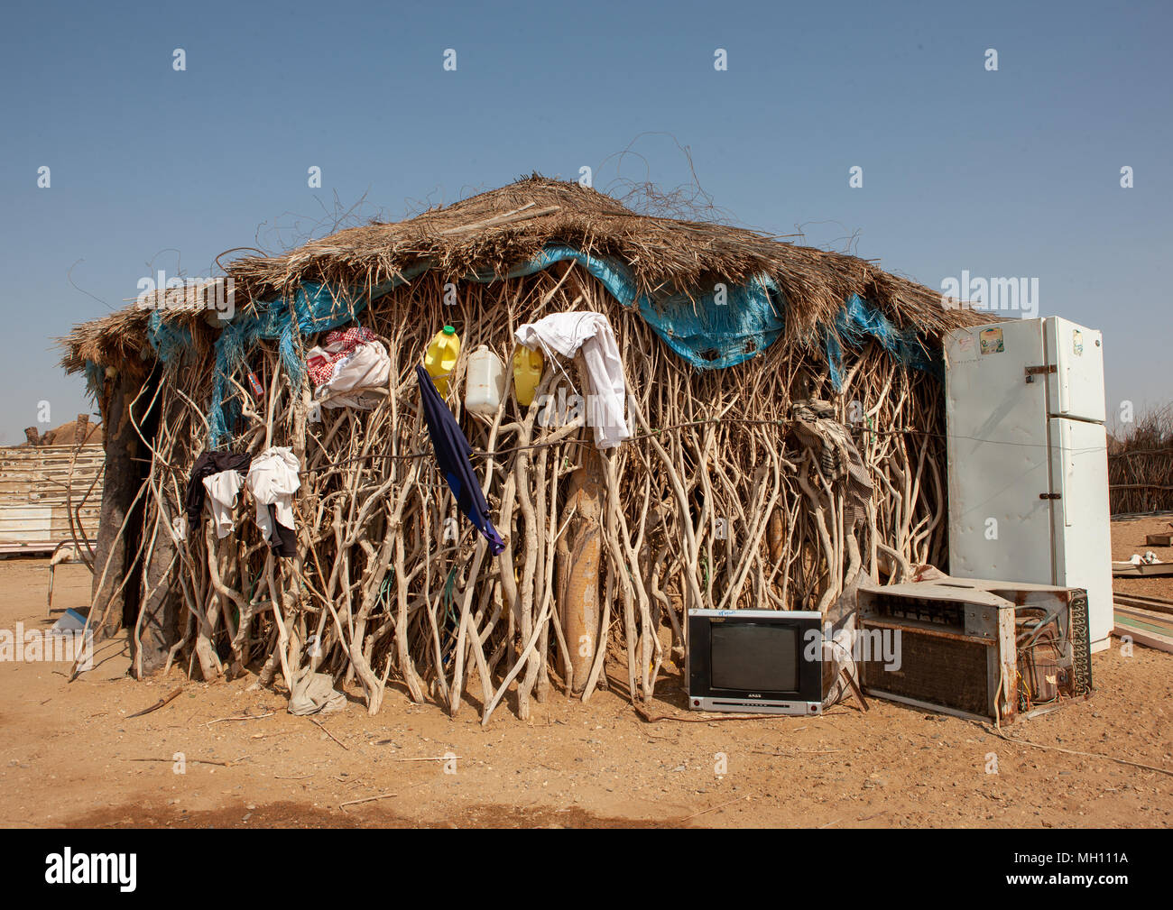 Refrigerator in front of a traditional tihama hut, Jizan Region, Jizan ...