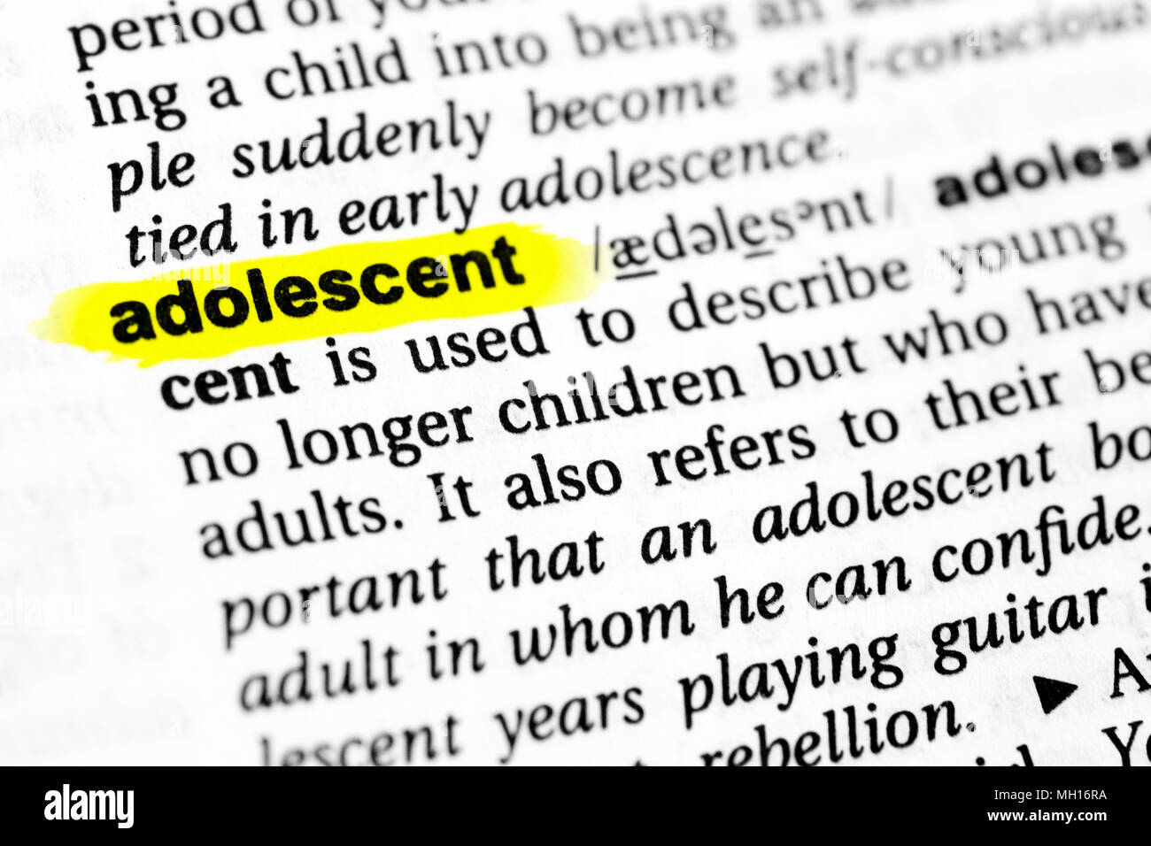 Highlighted English word "adolescent" and its definition in the ...