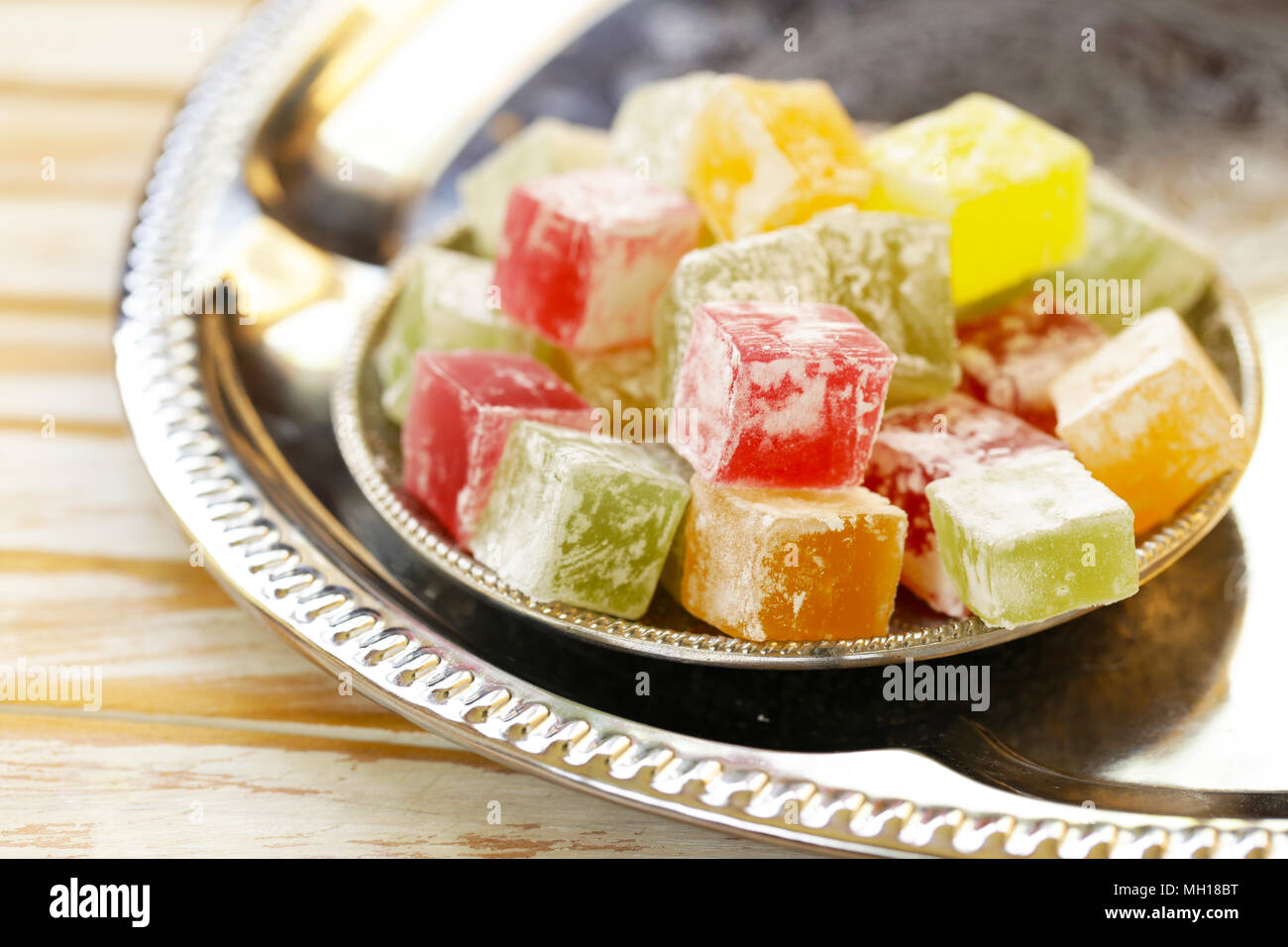 colorful sweet Turkish delight in the traditional dishes Stock Photo ...