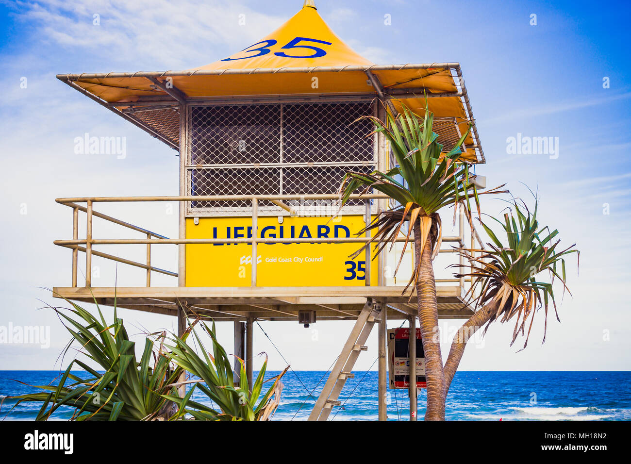 lifeguard huts on the beach in Surfers Paradise in Gold Coast, a ...