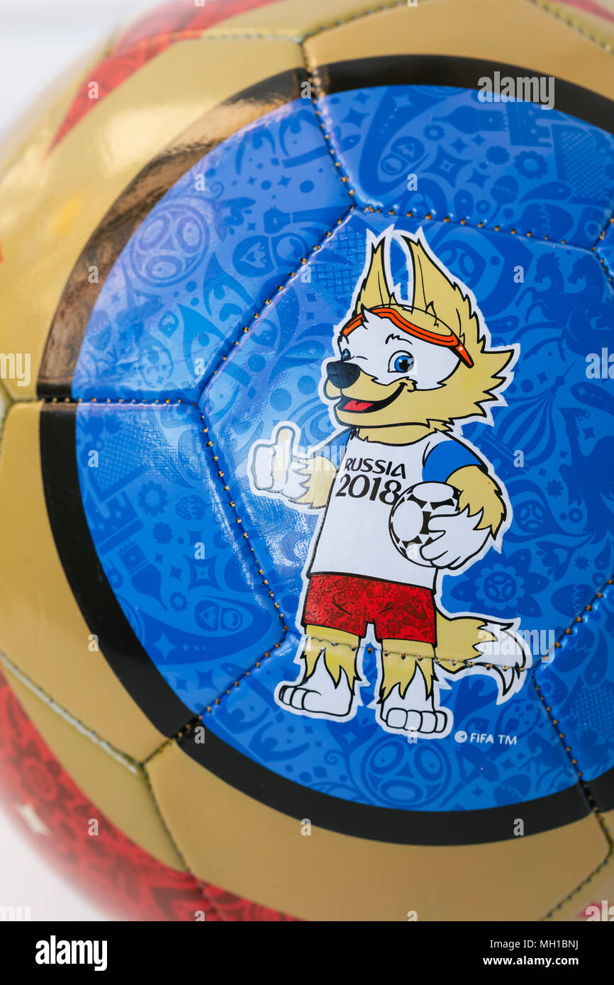 Moscow, Russia. April 29, 2018. Souvenir ball with the mascot of the ...