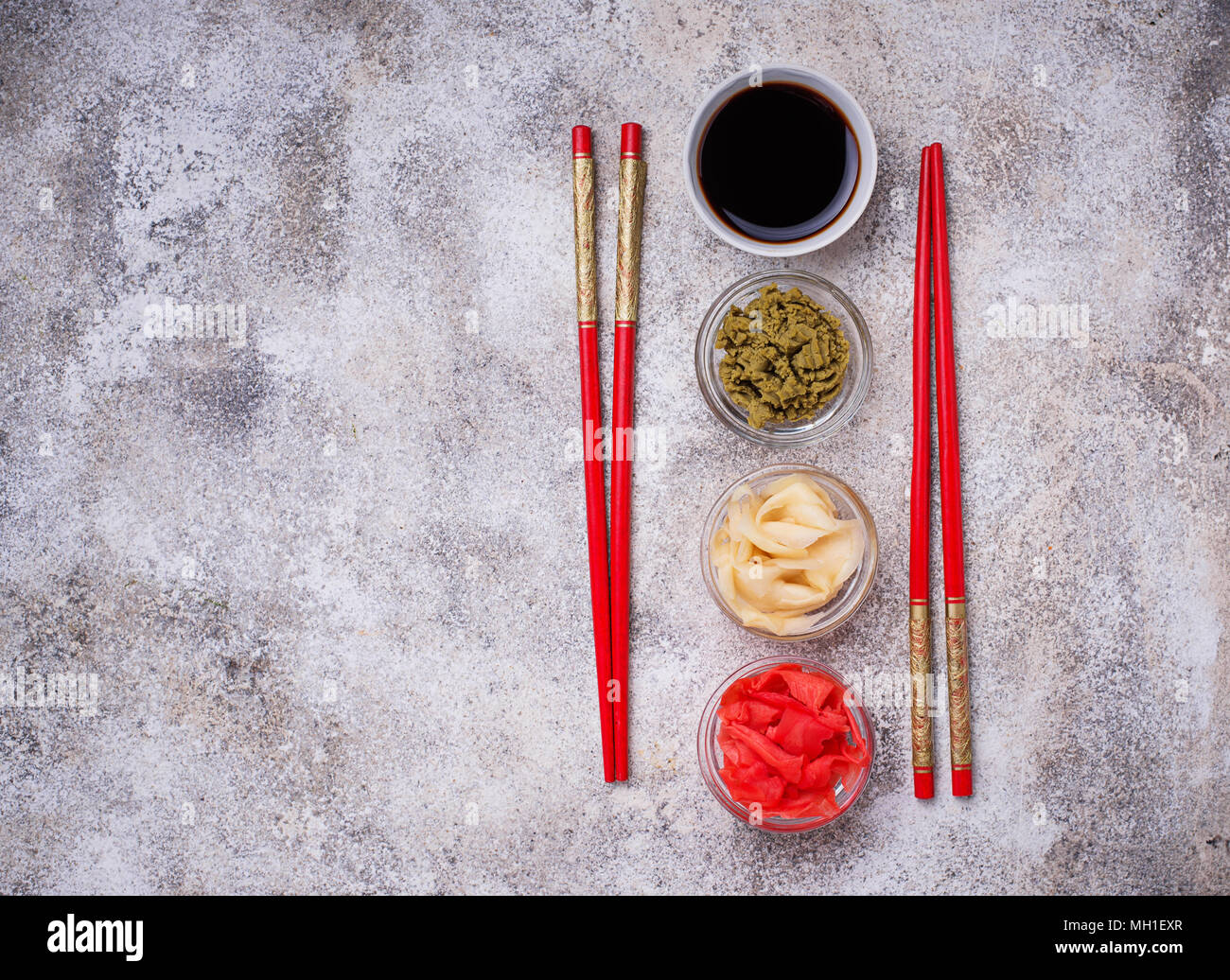 Wasabi, ginger and soy sauce. Traditional Japanese condiments. Top view ...