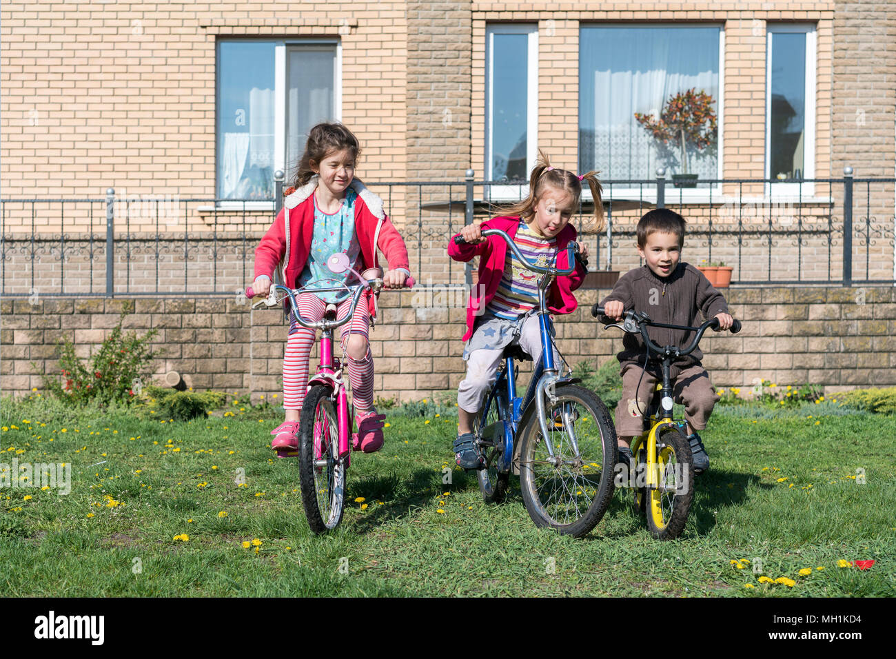 Three children on bicycles. Portrait of three little cyclists riding ...
