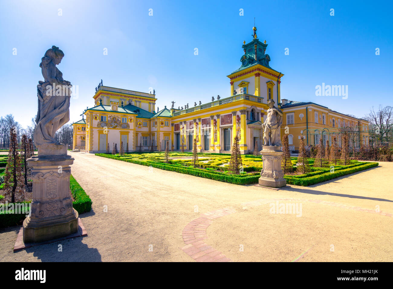 The royal Wilanow Palace in Warsaw, Poland, with gardens, statues and ...