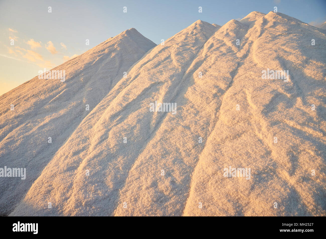 Salt piles at sunset in Salinas de Es Trenc facilities at Es Trenc ...