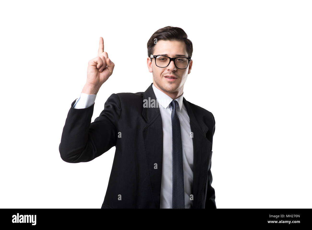 Businessman point a finger up, white background Stock Photo - Alamy