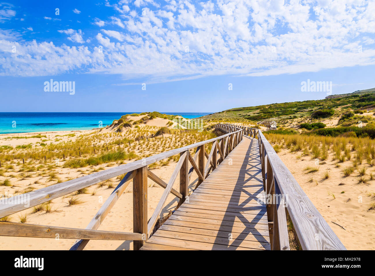 Walkway on sand dunes to Cala Mesquida beach, Majorca island, Spain ...