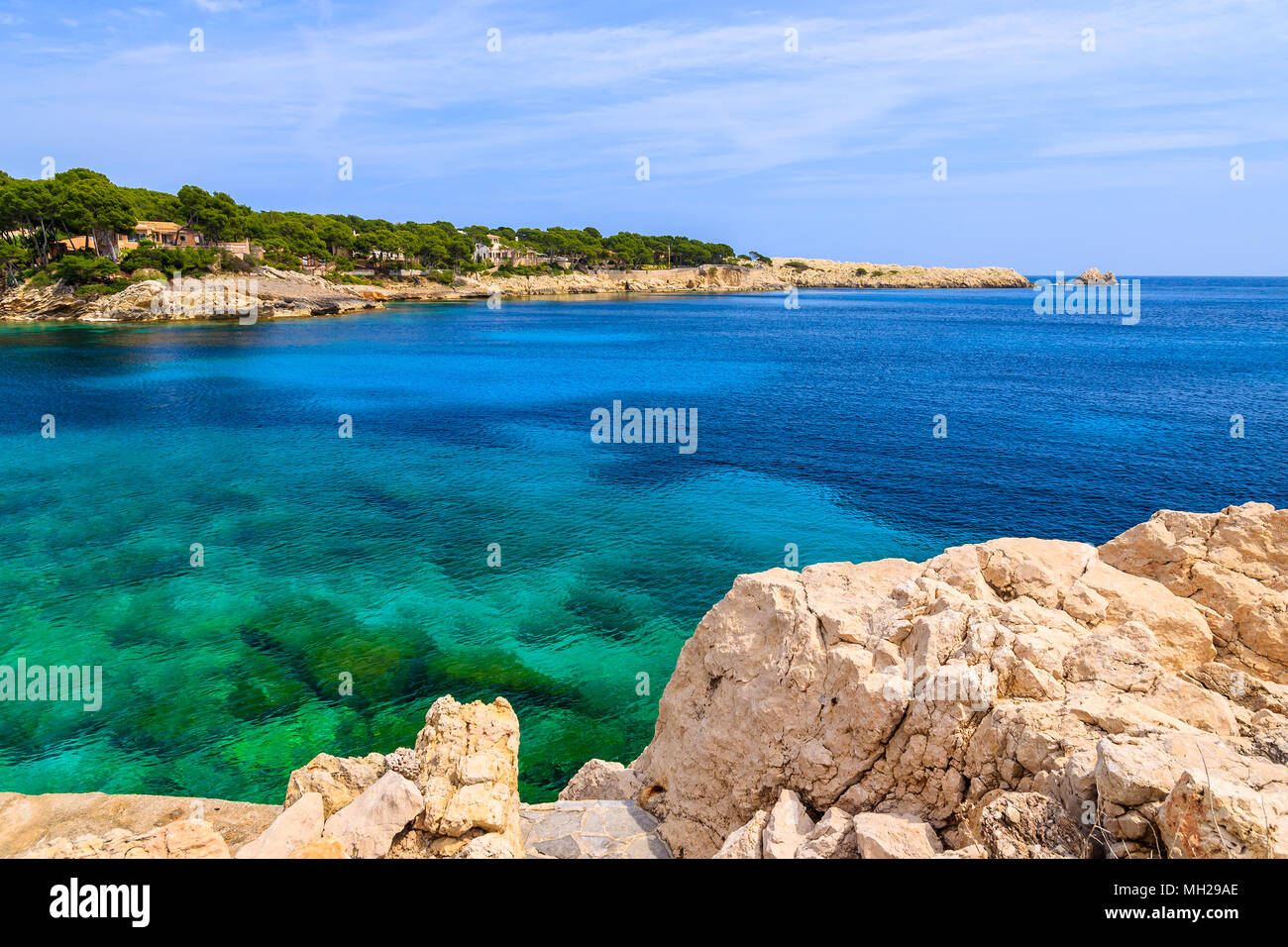 View of beautiful Cala Gat bay with azure sea water, Majorca island ...