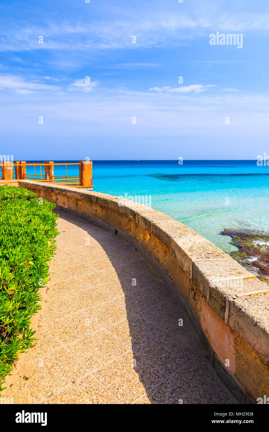 Coastal path along beautiful bay with beach, Majorca island, Spain ...