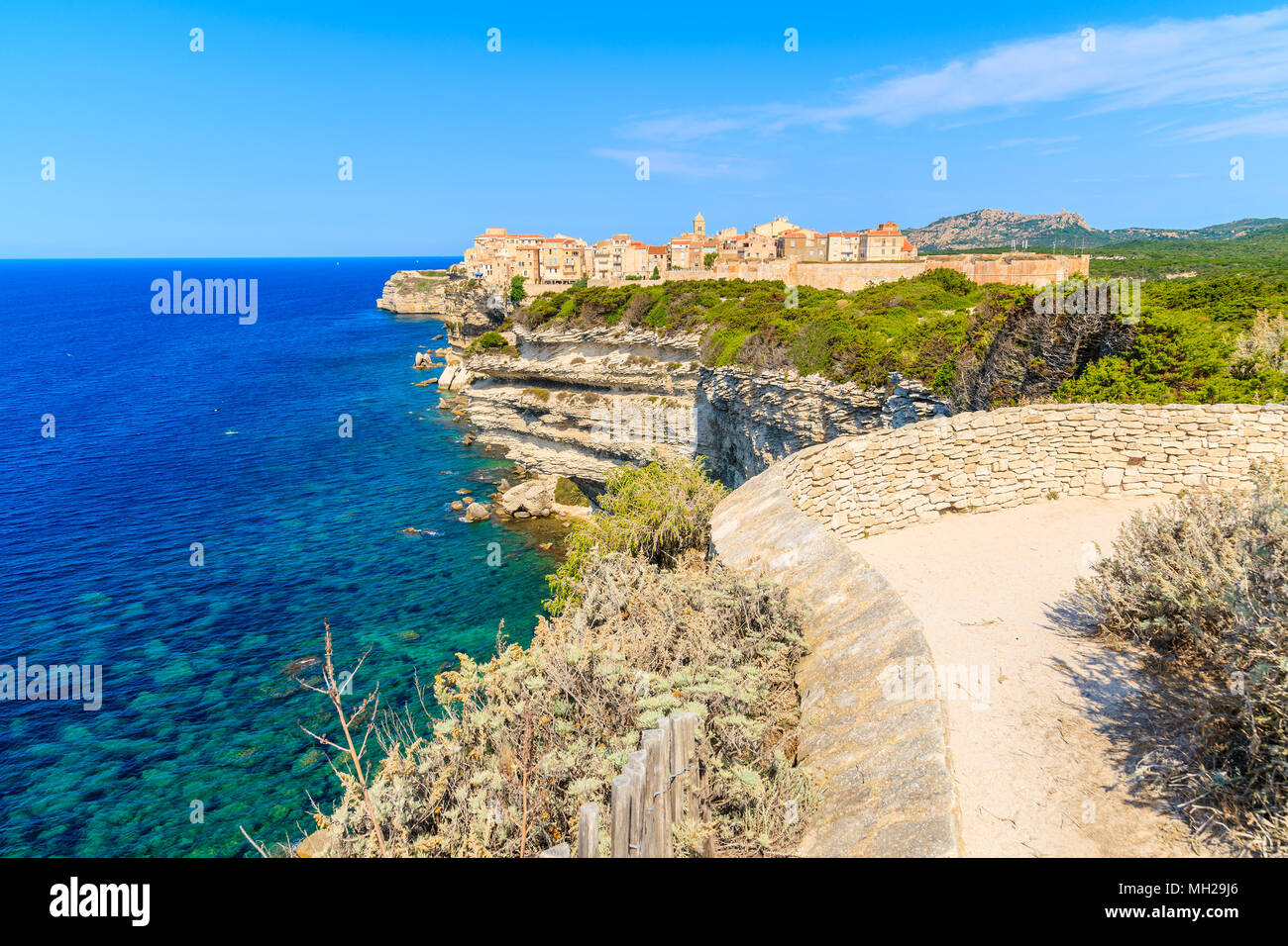 View of Bonifacio town located on high cliff above sea, Corsica island ...
