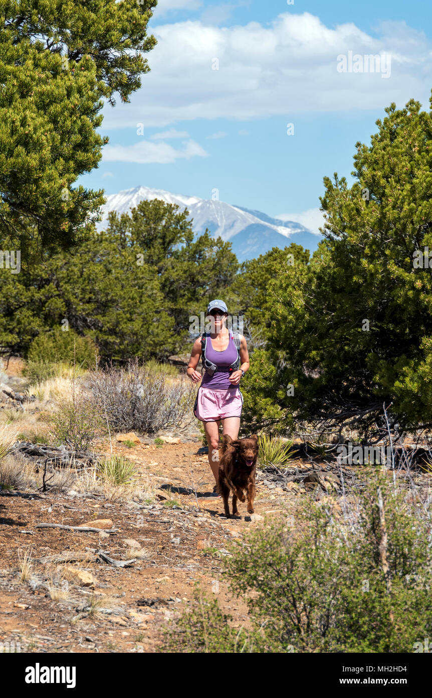 Female trail runner with her dog; Little Rainbow Trail near Salida ...