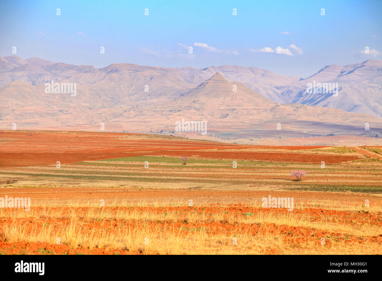 Dramatic beautiful mountain landscape with terrassed fields during ...