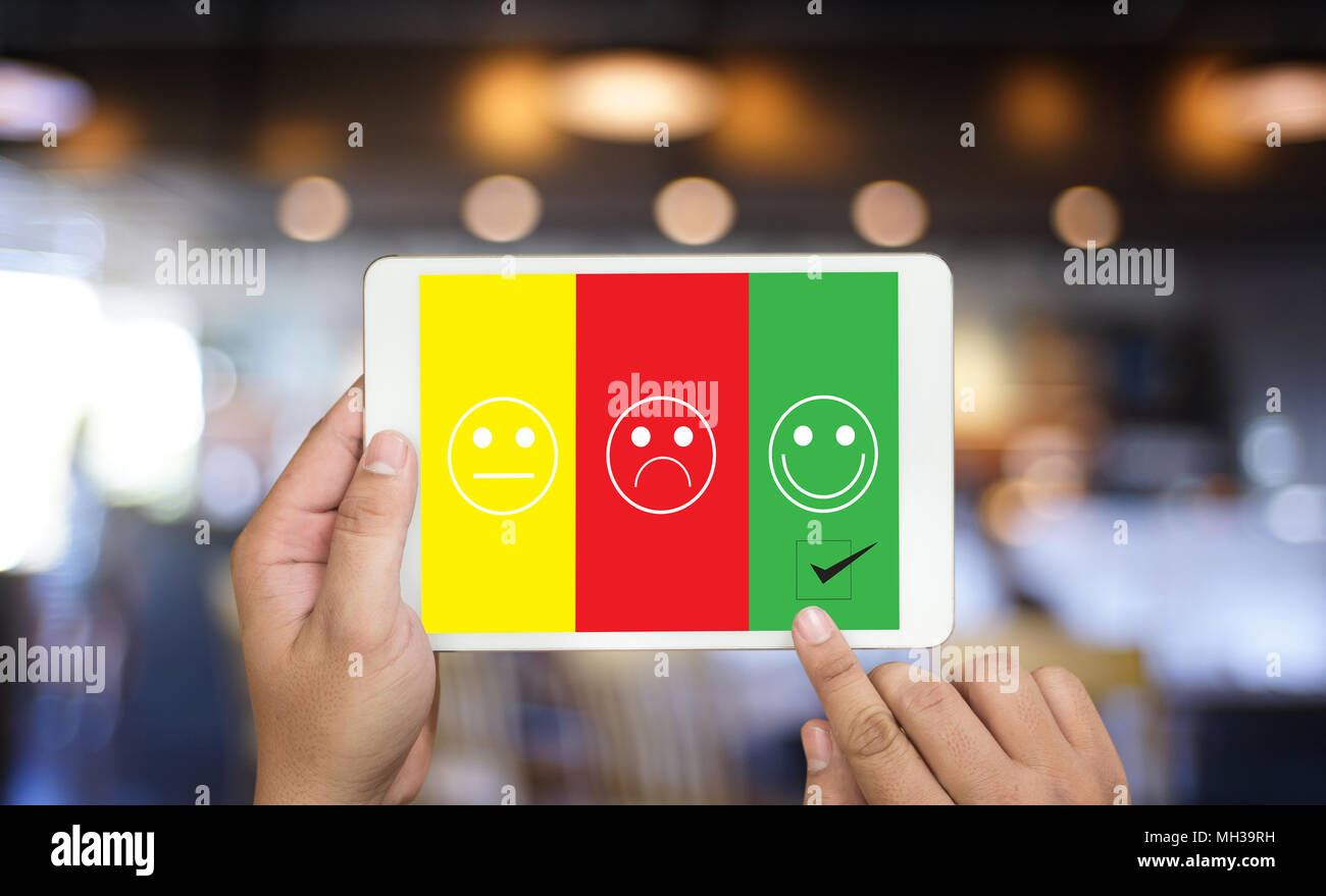 business man and woman select happy on satisfaction evaluation? And ...