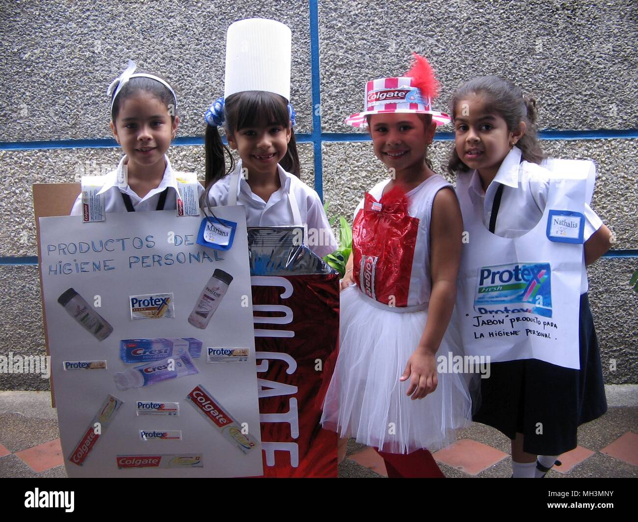 Presentation of hygiene and health by South American school girls Stock ...