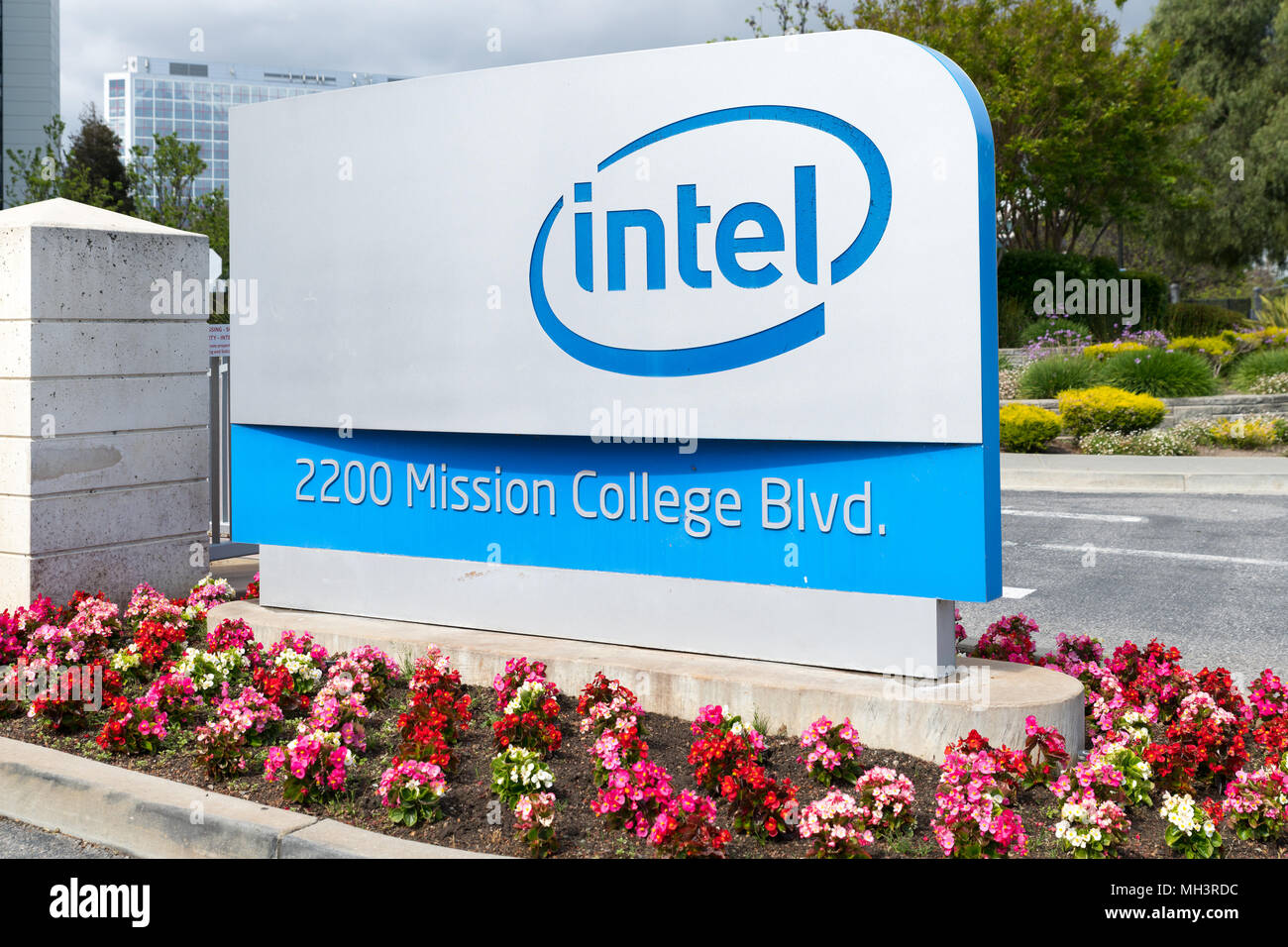 Santa Clara, California, USA -April 29, 2018: Sign of Intel at entrance ...